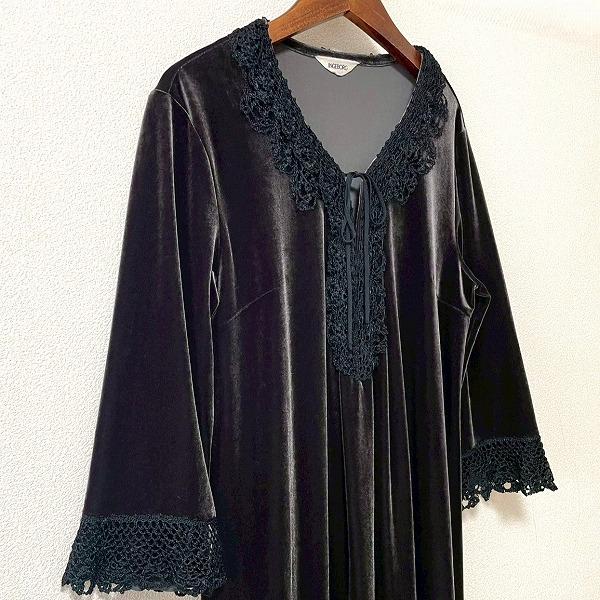#wnc インゲボルグ INGEBORG ワンピース 11 黒系 ロング ベロア Vネック かぎ編みレース 美品 レディース [946634] : アクイールヤフーショップ - 通販 ...