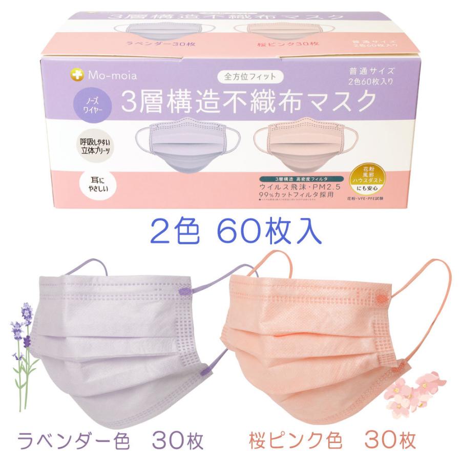 Mo-Moia 3層不織布マスク 2色入り 60枚入 (桜ピンク30枚+ラベンダー30枚) : ANE LABOストア - 通販 ...
