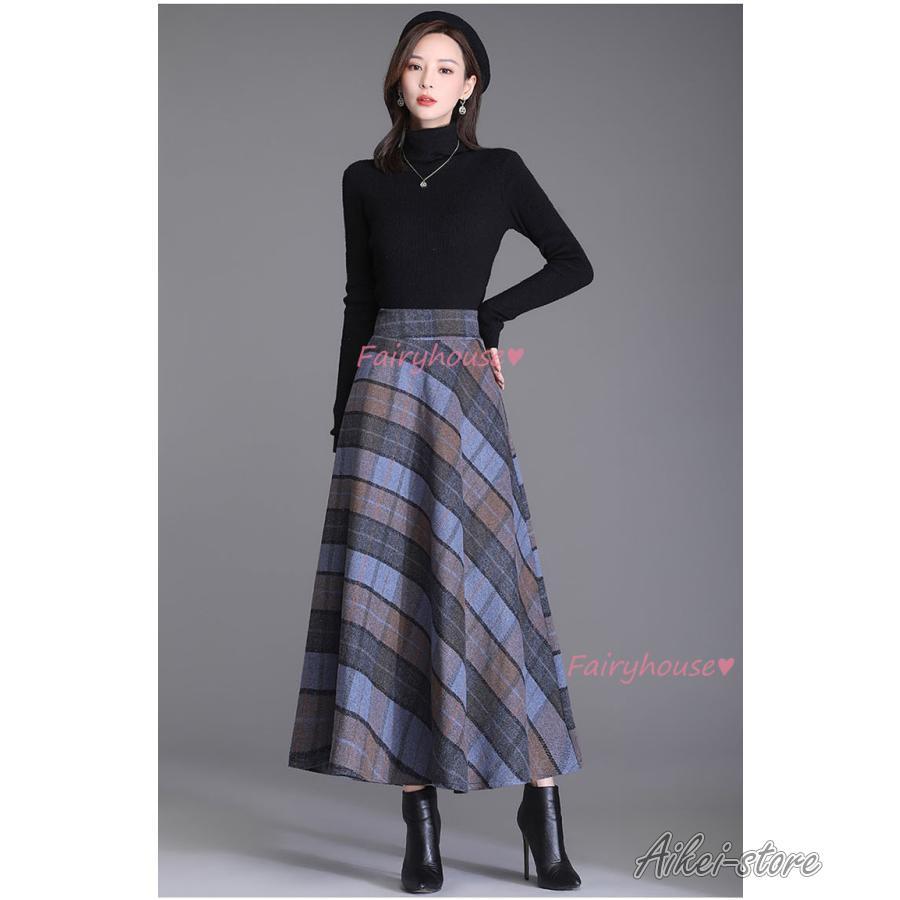 スカート マキシ丈 秋冬 aラインスカート チェック柄 フレアスカート レディース 40代 ロング丈スカート ラシャ ひざ下 ハイウェスト ...
