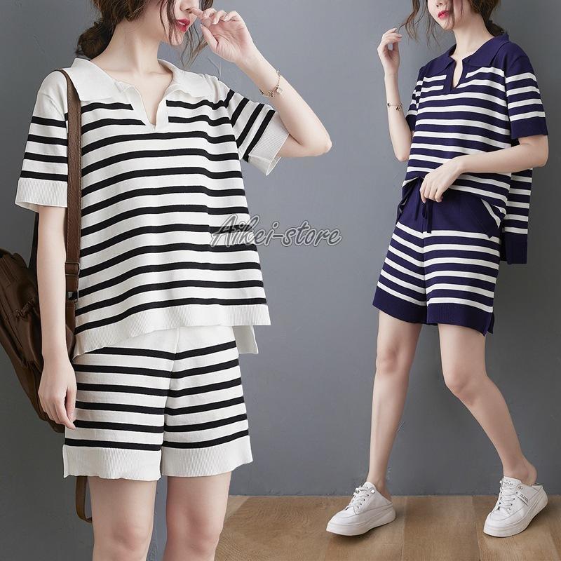 セットアップ レディース 春夏新作 スウェットセット スポーツウェア 2点セットボーダー柄 半袖オーバー ショット丈パンツ 運動着/部屋着 ...