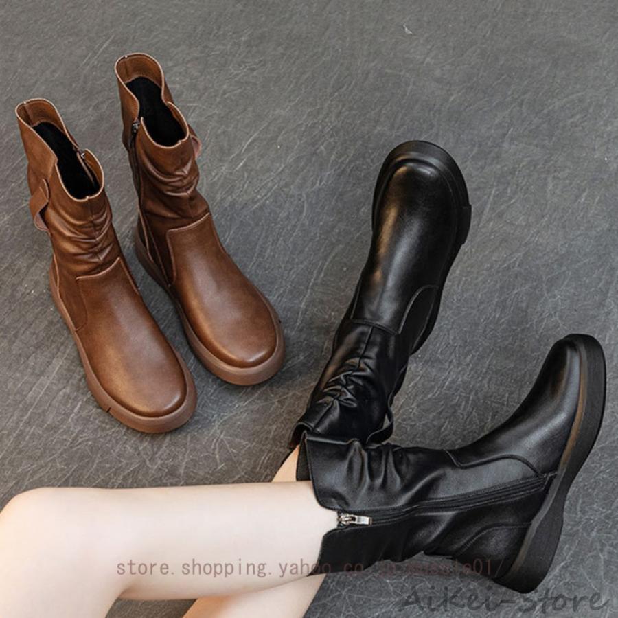 レディース ショートブーツ 本革 サイドジップ 厚底 インヒール 歩き