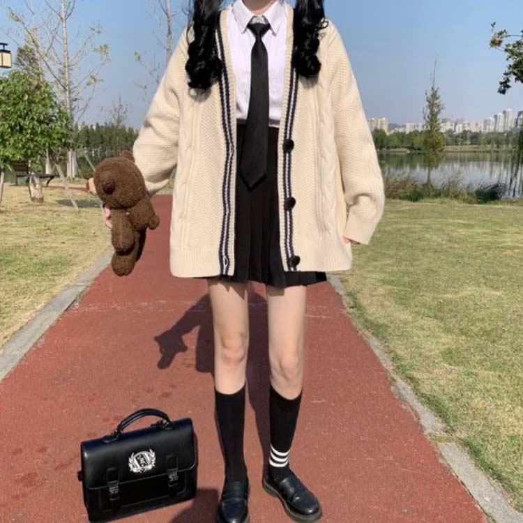 スクールカーディガン ニット ケーブル編み カーディガン 学生 ゆったり Vネック ライン入り スクールセーター 秋冬 厚手 JK制服 学生服 : aimerfleur - 通販 ...