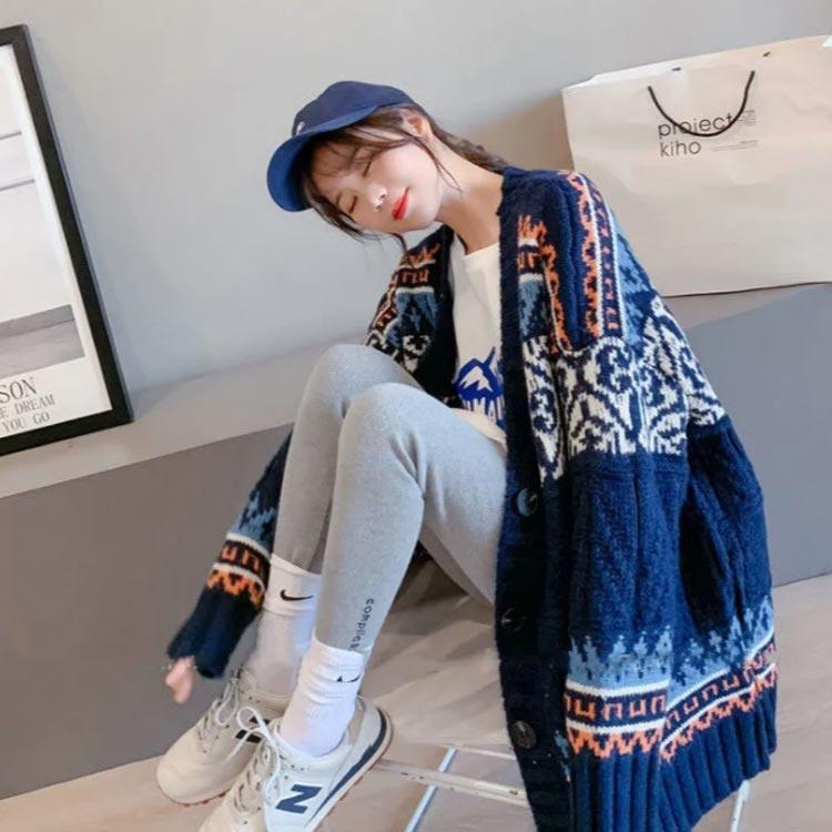 ニットカーディガン 秋 冬 厚手 レディース ジャガード ニット カーディガン ノルディック柄 アーガイル柄 3D オーバーサイズ ゆったり Vネック : yuzu471336 ...