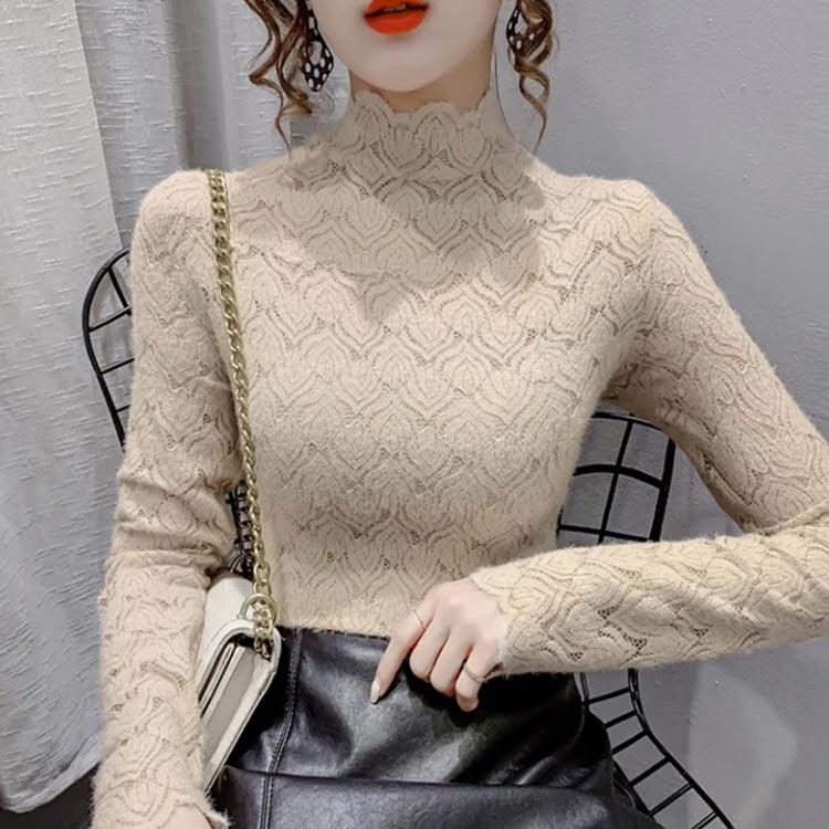 レディース タイト 着痩せ ニット 暖かい カットソー 長袖 透け感 秋 レース トップス ハイネック タートルネック 厚手 セクシー インナーウェア :yuzu516091 ...