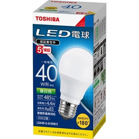 TOSHIBA 昼白色 40W形相当 LDA4N-G-K/40W/2 配光角約180度 広配光タイプ E26 東芝 LED電球 一般電球形 : あかりステーション Yahoo!店 - 通販 ...