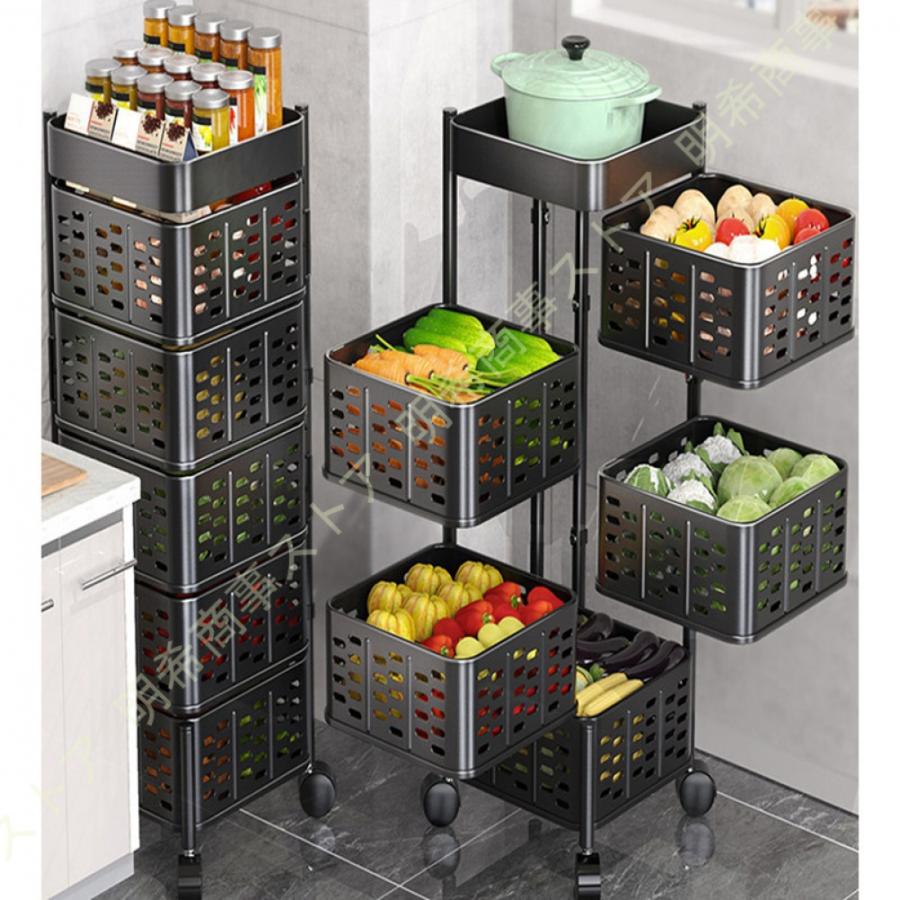 キッチンバスケット 引き出し回転ラック ワゴン キャスター付き 野菜ワゴン スタッキングバスケットラック トレイ付属 キッチン収納カート 食器 : 0c0-uv4-nxsl66 : 明希商事 ...