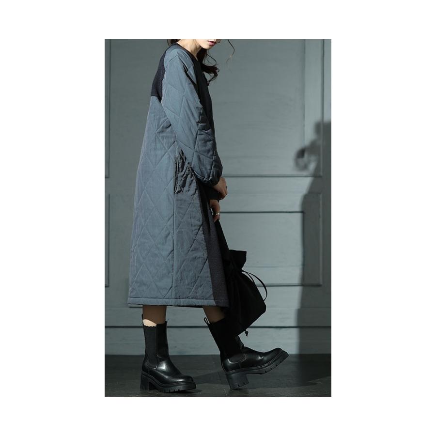 ワンピース レディース 異素材 キルティング リブニット 長袖 ミモレ丈