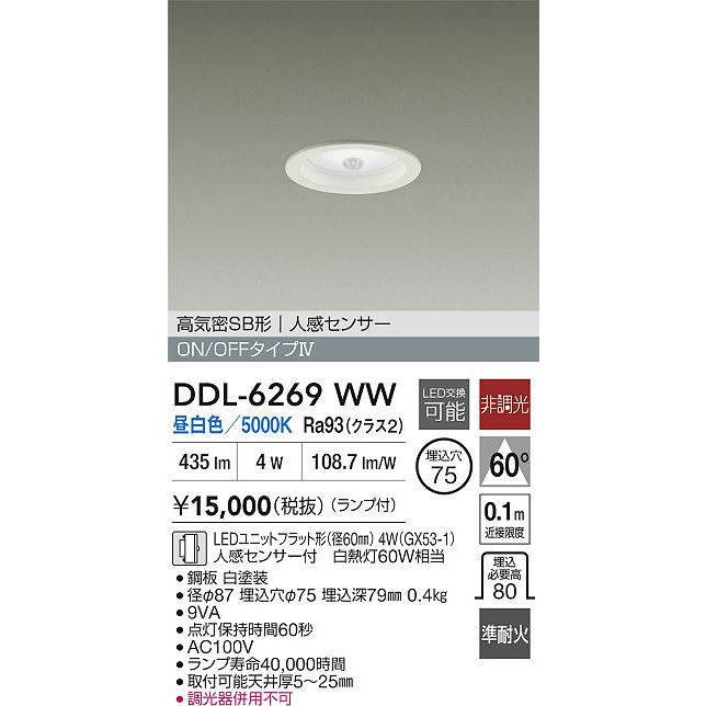 大光電機 DAIKO LED人感センサー付ダウンライト φ75mm 白熱灯60W相当 (ランプ付) 昼白色 5000K DDL-6269WW : オールライト Yahoo!店 - 通販 ...