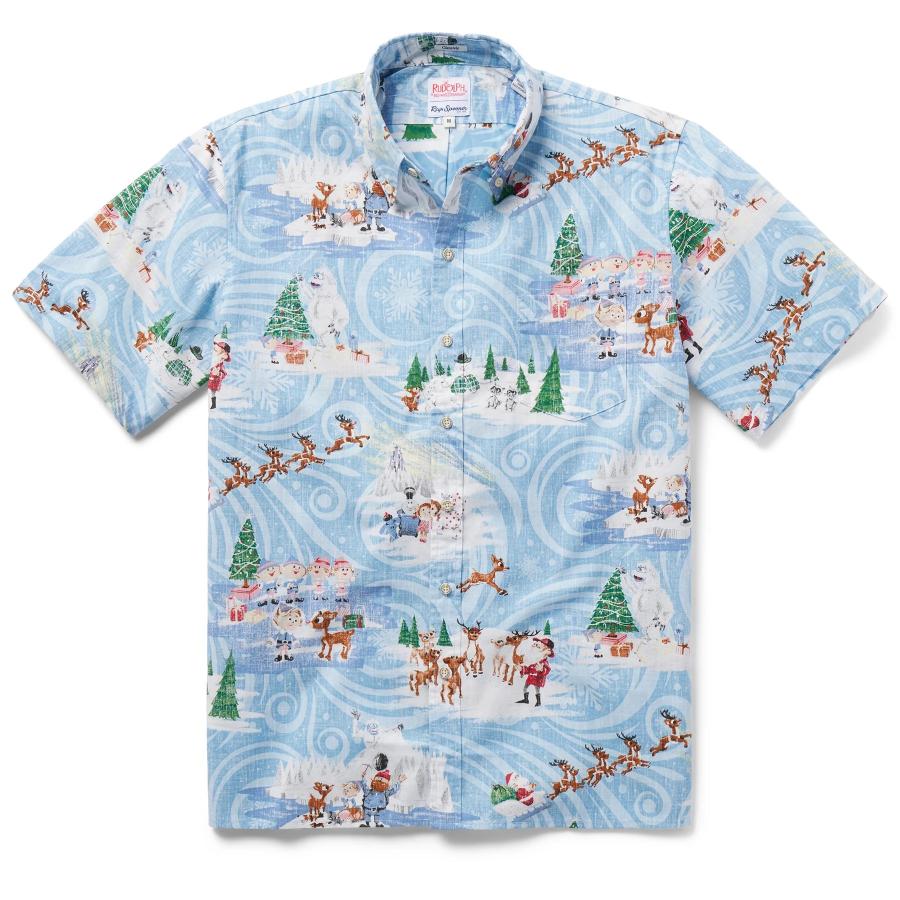 reyn spooner アロハシャツ 半袖 レインスプーナー RUDOLPH THE RED-NOSED REINDEER ルドルフ 赤鼻のトナカイ HOLIDAY BLUE ブルー ...