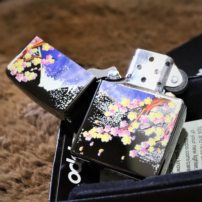 ZIPPO 桜富士 鏡面ブラック 人気 ジッポ 和風 ライター かっこいい 黒 富士山 桜 プレゼント FUJI SAKURA ...