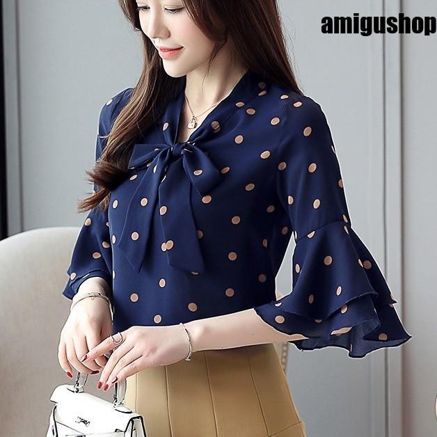 トップス レディース ブラウス シャツ 七分袖 タイネック リボン ドット柄 水玉 フェミニン 可愛い 春夏秋 : fghfd0815 ...