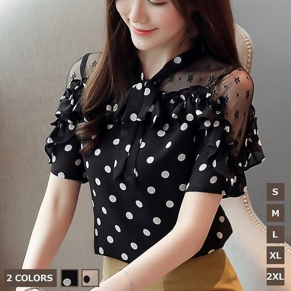 トップスブラウスチュールドット肩出しシースルー半袖切り替えリゾート肩出しレディースリボン春新作通勤着回しサーマハワイ : アミグshop - 通販 - Yahoo!ショッピング