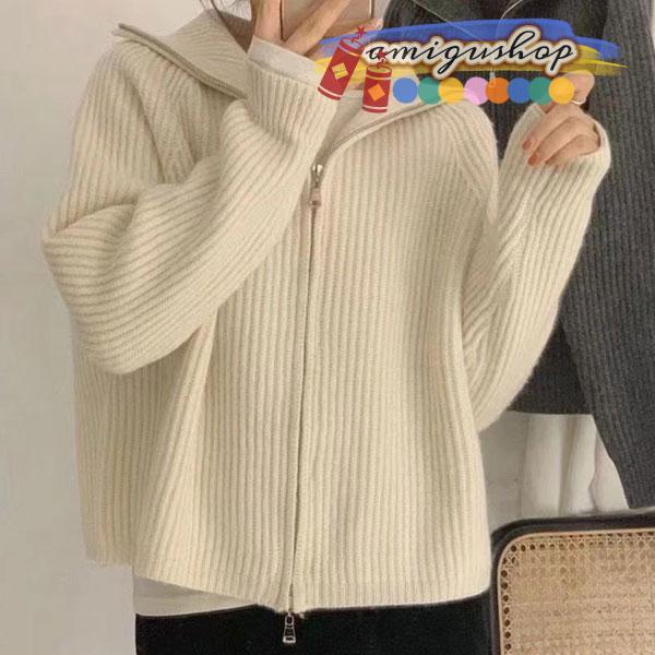 ジップ ニット カーディガン レディース ニットセーター 秋 冬 韓国 ジップアップニットブルゾン 長袖 ゆったり シンプル 大人 リブニット アレンジ自由自在 ...