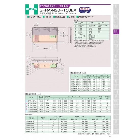 ホーコス FRP製超浅型グリース阻集器 GFRA-N20〜150EA 許容流入流量22.5ℓ/min〜150.0ℓ/min GFRA ...
