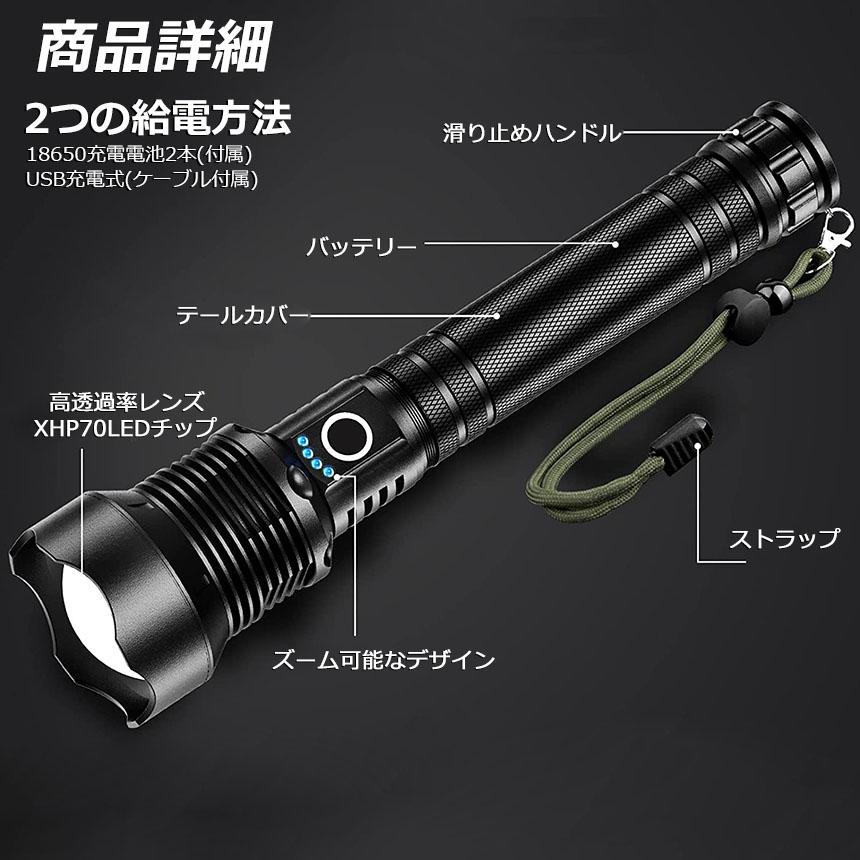 懐中電灯 ledライト XHP70 ハンディライト 強力 防水 USB充電式 電池式 LCD残量表示 ズーム機能 3モード調光 Type-C充電式 l : アナミストア - 通販 ...
