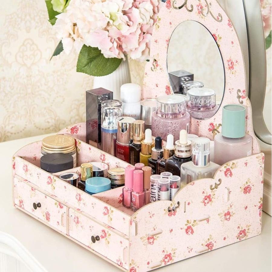 メイクボックス コスメボックス ミラー 化粧鏡付き 化粧品収納ケース 卓上マルチ収納 小物入れ 引き出し ラック Anberotta J74 (ピンク/ブラウン) : b305 ...