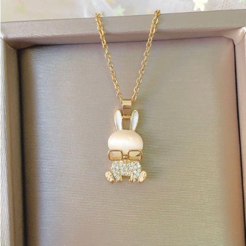 ネックレス レディース 金属アレルギー対応 眼鏡かけ兎 ウサギ うさぎ あずきチェーン サージカルステンレス ペンダント ゴールド 送料無料 ...