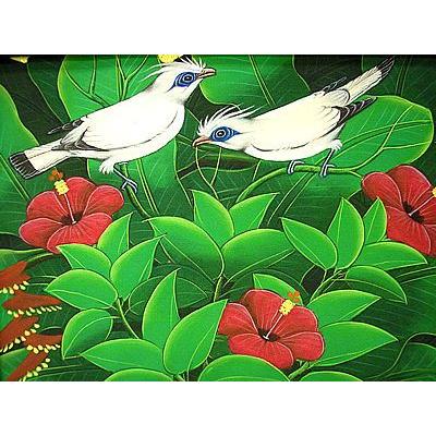 バリ絵画 M横 花鳥風月 森の小鳥達 白 赤花 おしゃれな バリ絵画 M横 花鳥風月 森の小鳥達 白 赤花 おしゃれな