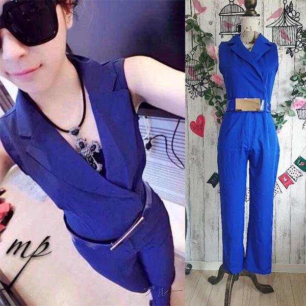 オールインワン 青ML即納 赤 黒 S-XL ベルト付 7分丈 クロップド ノースリーブ カシュクール パンツドレス 18920 レディース ...