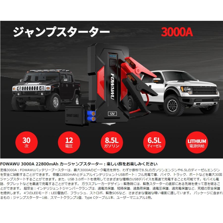 FOWAWU 3000A 22800mAh カージャンプスターター防水ジャンプスターターバッテリーパック（9.0L ガソリン、7.0L ディーゼル）FNN-FO606 : 安心即売 - 通販 ...