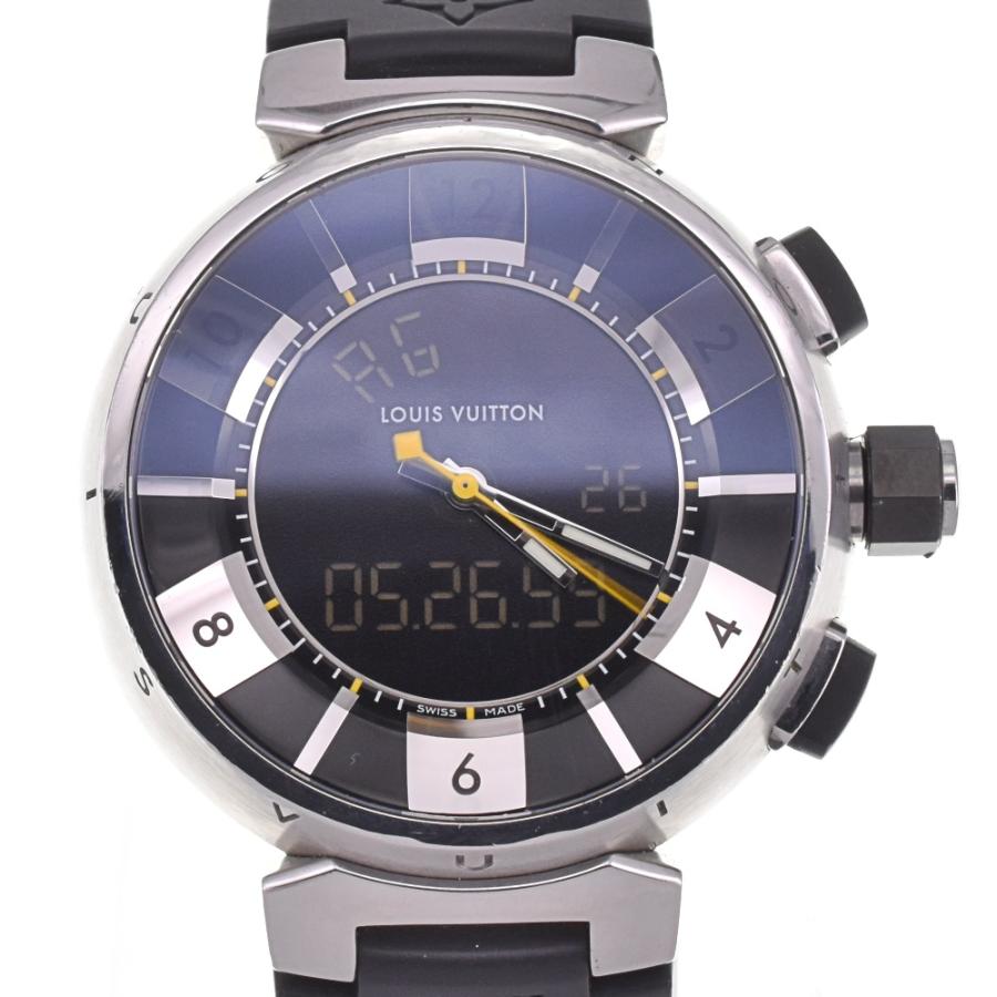 LOUIS VUITTON 値下 ルイ・ヴィトン Q118F タンブール インブラック アナデジ クォーツ メンズ 良品 E#130605 ...