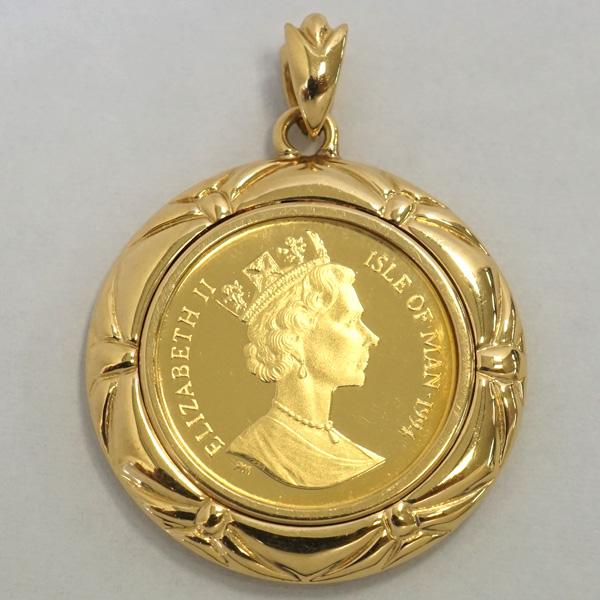 中古AB/使用感小 ペンダントトップ マン島 キャットコイン 1994年 ジャパニーズボブテイル 1/10オンス 金貨 純金 コイン：K24 ...