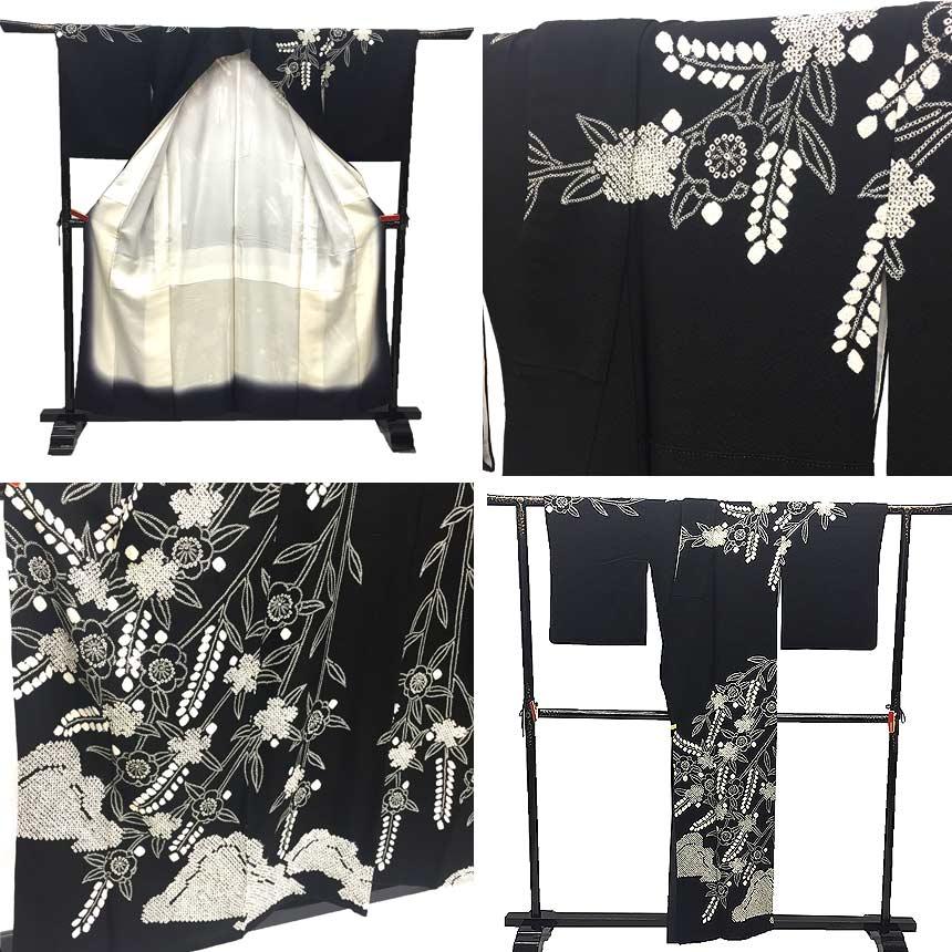 京やB057 正絹 訪問着 付け下げ 附下 絹100％ モノトーンの着物 絞り 黒×白 ちりめん 絞りの着物 おぼろ染 ガード加工済み 袷 : ブランド&着物館アクアン京や - 通販 ...