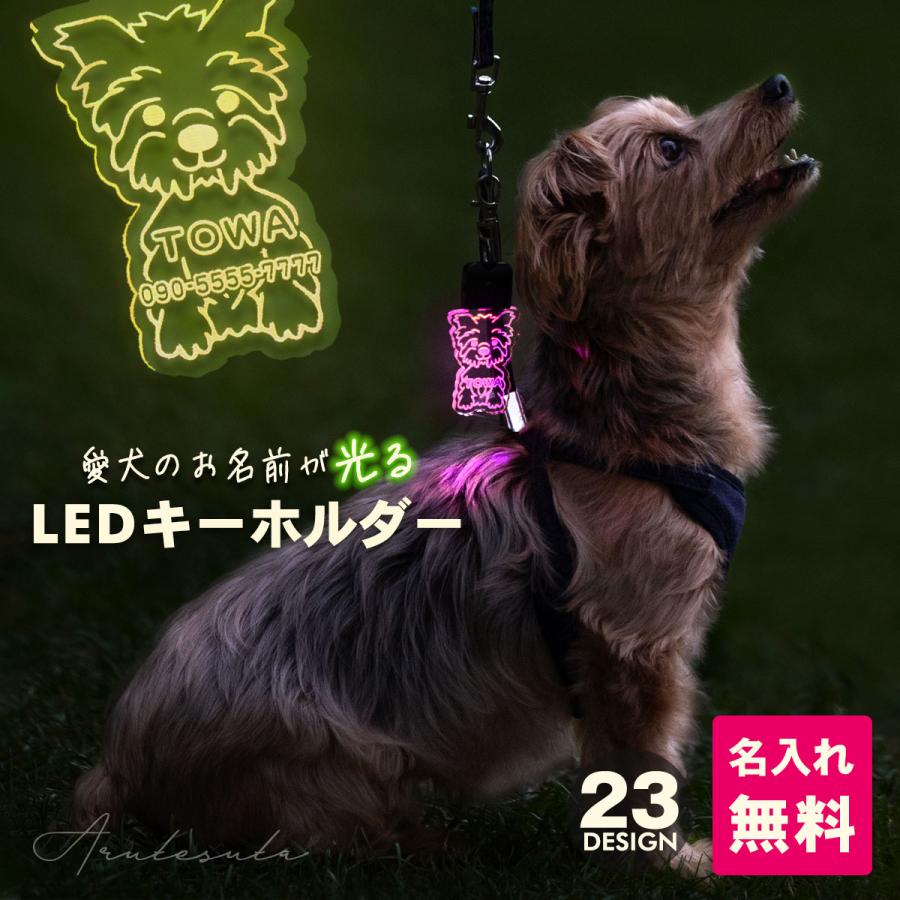 キーホルダー 光る LED ペット 犬 おしゃれ ライト お散歩 ネームプレート 名札 名入れ 刻印 ギフト プレゼント かばん リュック ...