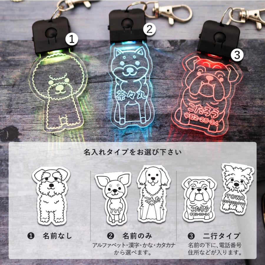 キーホルダー 光る LED ペット 犬 おしゃれ ライト お散歩 ネームプレート 名札 名入れ 刻印 ギフト プレゼント かばん リュック ...