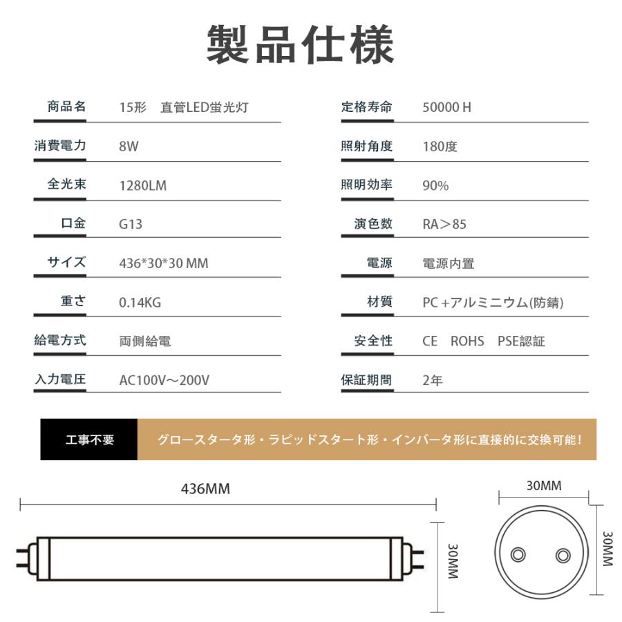 直管LED蛍光灯 15W形 436mm 消費電力8W 1280lm G13口金 FL15N FL15D FL15W 工事不要 グロー式 インバーター式 ラピッド式に直接交換可能 二年保証 ...