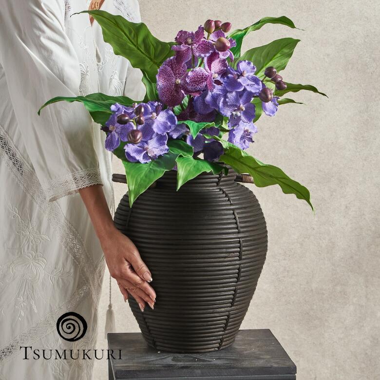 バスケット ラタン フラワーベース かごバスケット つぼ型 取っ手付き オブジェ 置物 花瓶 造花 花器 枝 おしゃれ 北欧 リゾート 雑貨 ...