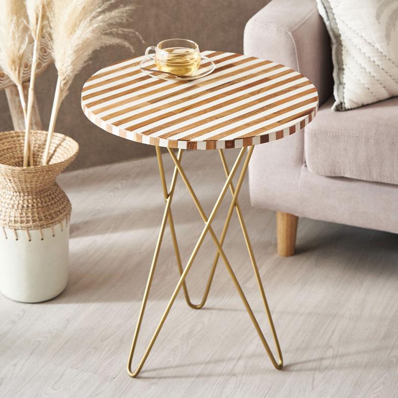 サイドテーブル 円形 ラウンド マットゴールドクロス脚 ボーダー ソファー プランター フラワースタンド 室内 屋内 おしゃれ 北欧 モダン ...