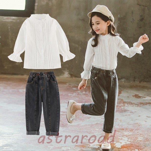子供服 セットアップ キッズ 女の子 春秋 長袖 2点セット 上下セット ブラウス シャツ デニムパンツ ロングパンツ ジュニア おしゃれ カジュアル 可愛い 新品 : hukubaby ...