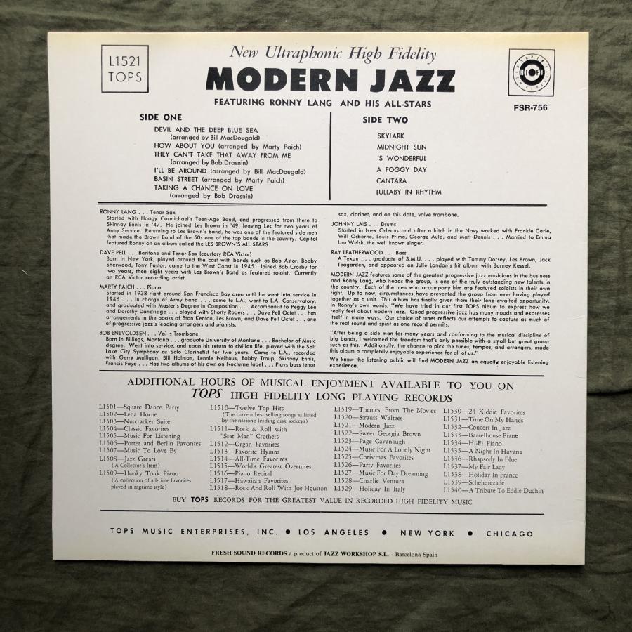 傷なし美盤 良ジャケ 米国 本国盤 Ronnie Lang And His All-Stars LPレコード Modern Jazz: Dave Pell, Ray Leatherwood ...