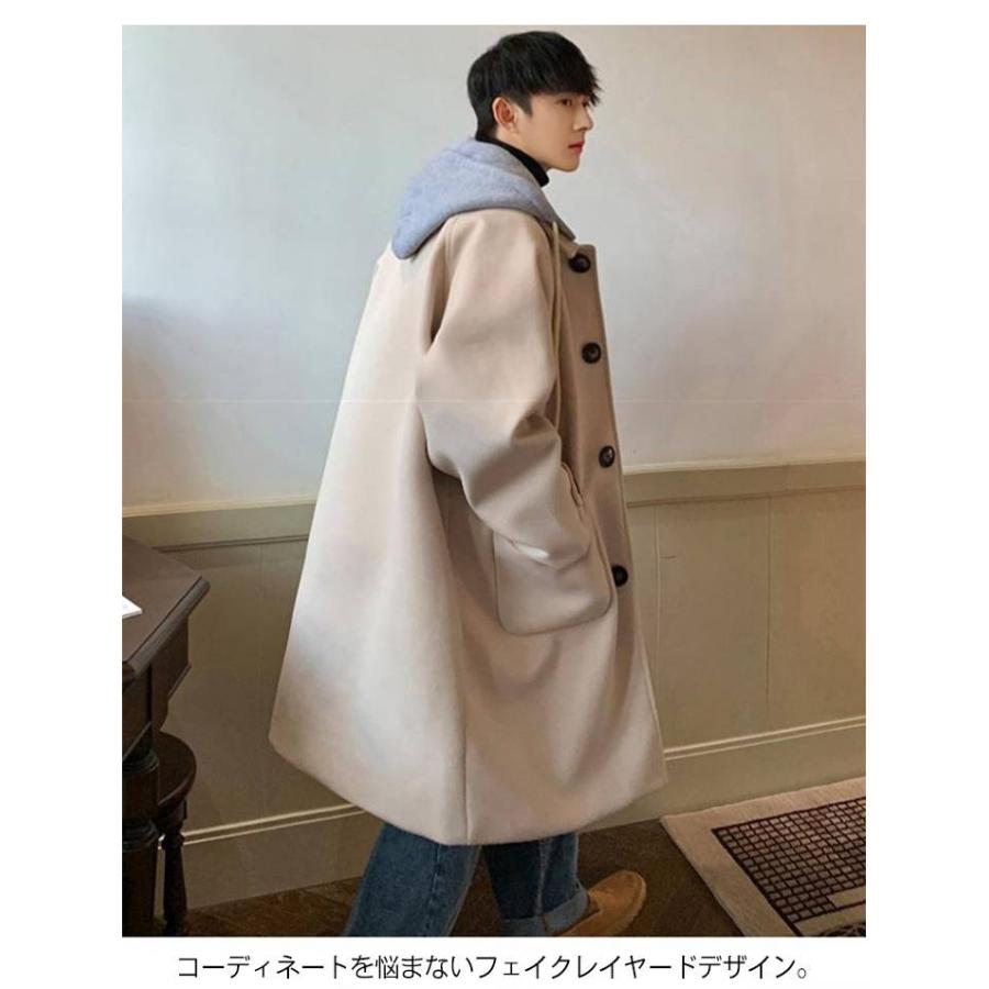 チェスターコート メンズ ロング フェイクレイヤード アウター フード付き 取り外せ カジュアル 大きいサイズ 厚手 防寒 秋冬 コート メンズ 冬 アウター フェイクレイヤード フード付き カジュアル