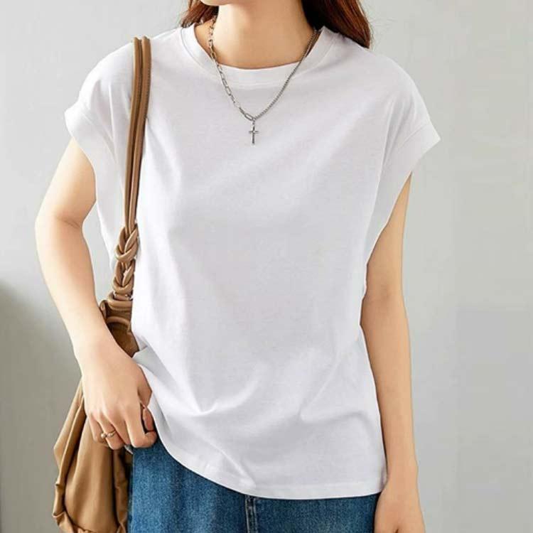 Tシャツ 着痩せ 無地 半袖 カジュアル レディース 二の腕カバー 華奢見え トレンド シンプル Uネック ラウンドネック トップス ゆった ...