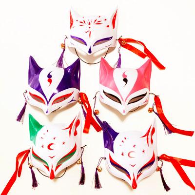 和風 狐のお面 狐半面 パープル ピンク グリーン きつね キツネ 狐面 マスク 仮面 ハロウィーンの仮面 インテリア ハロウィン イベント ...