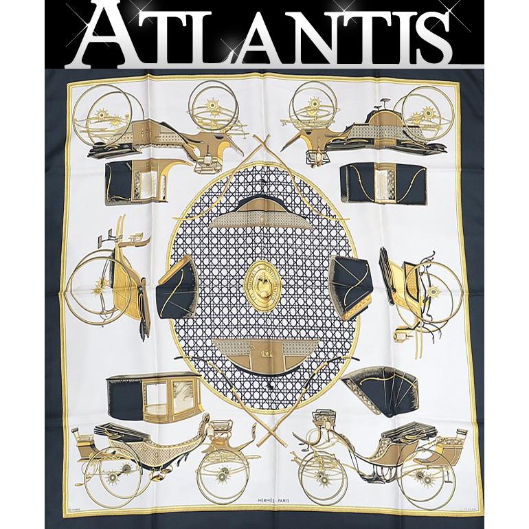 【広尾店】 エルメス HERMES カレ90 大判スカーフ LES VOITURES A TRANSFORMATION 折畳み式幌の馬車 シルク100％ 黒 【15970 ...