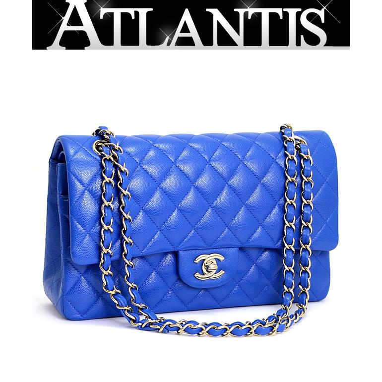 シャネル CHANEL マトラッセ25 Wフラップ チェーンショルダーバッグ キャビアスキン 青 G金具 シリアルプレート 【65968 ...