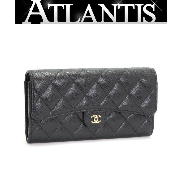 極美品 シャネル CHANEL マトラッセ クラシックロングフラップウォレット 長財布 キャビアスキン 黒 G金具 【69906 ...