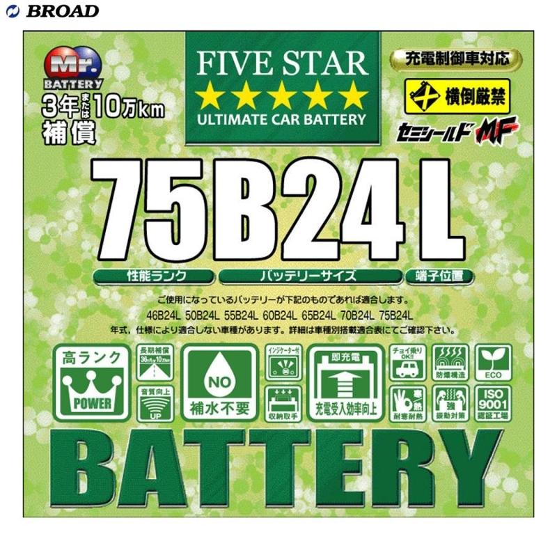 FIVESTAR-IS バッテリー 国産車用高性能バッテリー 充電制御車対応 セミシールド カーバッテリー BROAD ブロード 75B24L : 雑貨&車用品 アーティクル2号店 - 通販 ...