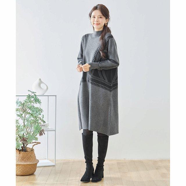TRUBE ワンピース 長袖 ニットワンピース 大人可愛い 膝丈チュニック レディース 婦人服 パネル柄 秋 M L 黒 グレー 20代 30 ...
