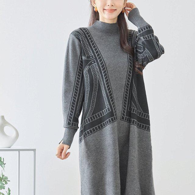TRUBE ワンピース 長袖 ニットワンピース 大人可愛い 膝丈チュニック レディース 婦人服 パネル柄 秋 M L 黒 グレー 20代 30 ...