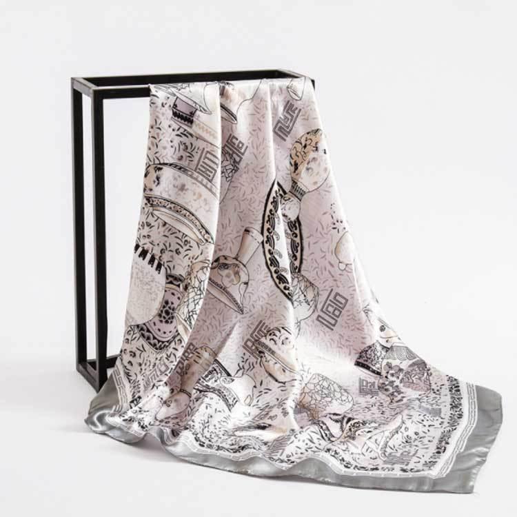 大判 正方形 スカーフ 90cm 総柄 チャイナ風 中国風 レディース ストール シルク調 ハンダナスカーフ ヘアクセサリー バッグチャーム ...