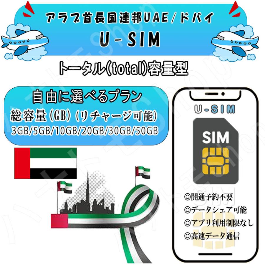 アラブ首長国連邦UAE/ドバイ SIM プリペイド3GB 5GB 10GB 20GB 30GB 50GB LTE 高速通信 旅行 事前設定不要 簡単接続 テザリング リチャージ可能 ...