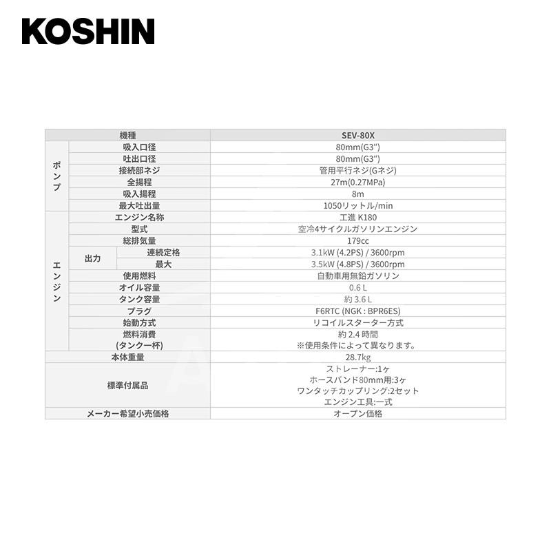 KOSHIN｜工進 ハイデルスエンジンポンプ 工進エンジン搭載 SEV-80X(SEV-80X-AAA-4)｜法人様限定 :ksn-sev80x:AZTEC ビジネスストア - 通販 ...
