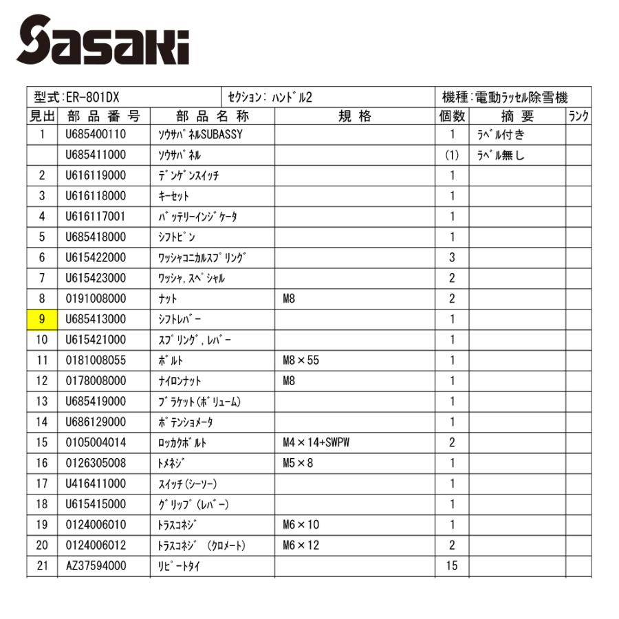 ササキ｜＜電動ラッセル除雪機 部品＞オ・スーノ用純正部品 シフトレバー U685413000 ER-801DX用｜法人様限定 : AZTEC ビジネスストア - 通販 - Yahoo!ショッピング
