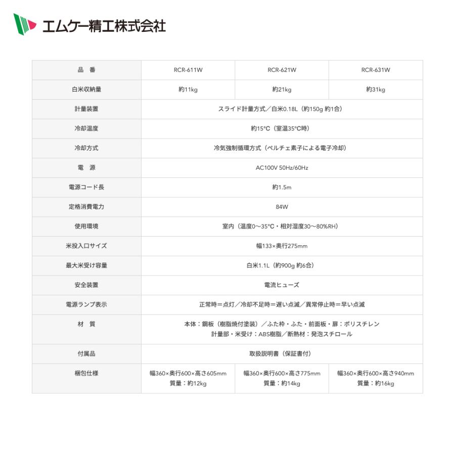 エムケー精工 エムケー精工｜計量保冷米びつ 冷えっ庫 高性能保冷米びつ 米収納量 約31kg RCR-631W : AZTEC ヤフーショップ - 通販 - Yahoo!ショッピング
