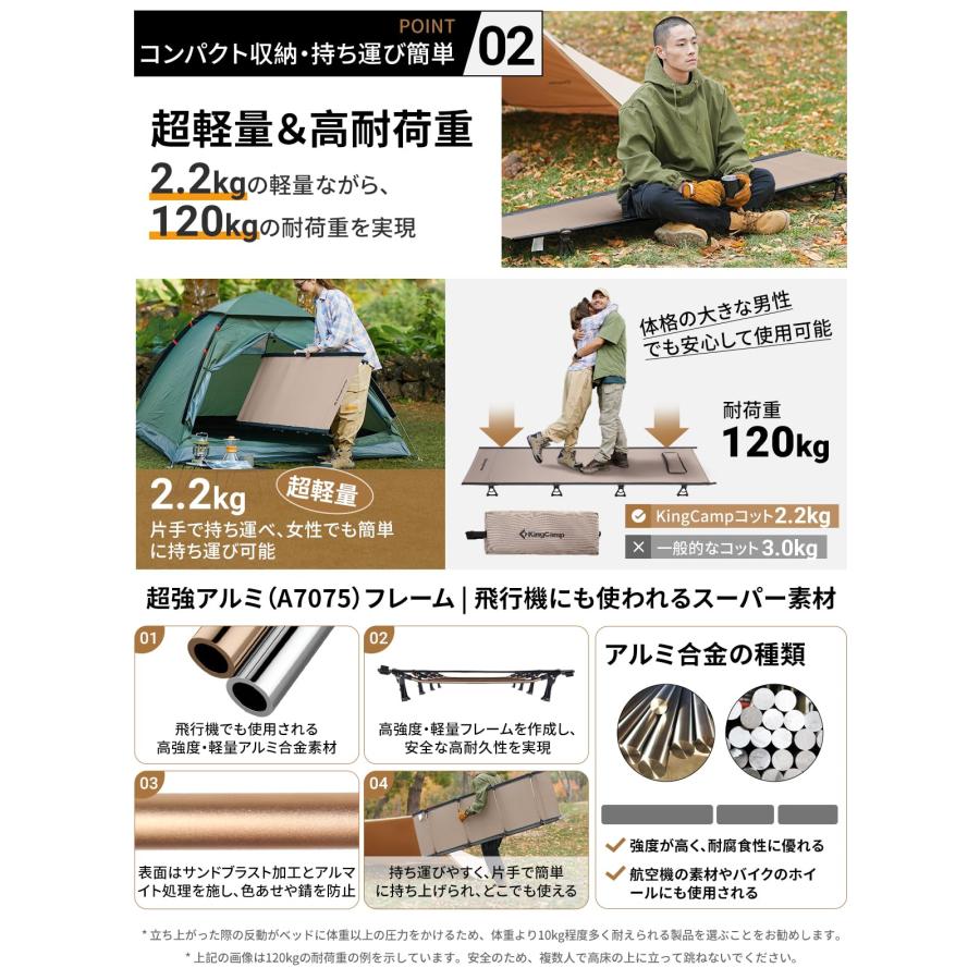 KingCamp コット キャンプ 折りたたみベッド 超軽量 2.2kg 防災 高耐荷重120kg 頑丈 安定 コンパクト収納 寝心地良い アウトドア : 晩田商店2 - 通販 - Yahoo ...