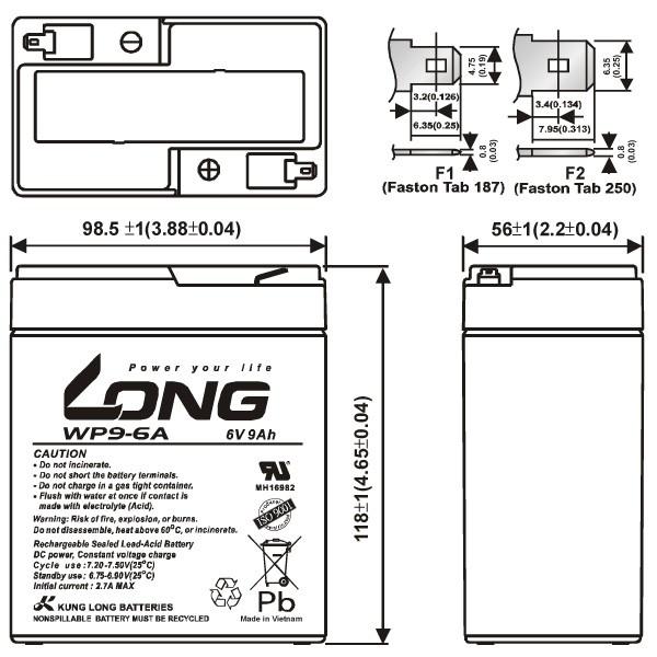 業務、産業用 WP9-6A（産業用鉛蓄電池） 6V 9Ah LONG 長寿命・保証書付き 電動乗用玩具 防災 防犯 システム機器 UPS(無停電電源装置) 対応 サイクルバッテリー ...